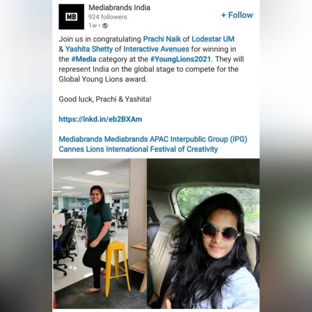 Ms. Prachi Naik – Cannes Young Lions win for Media | KLE BBA